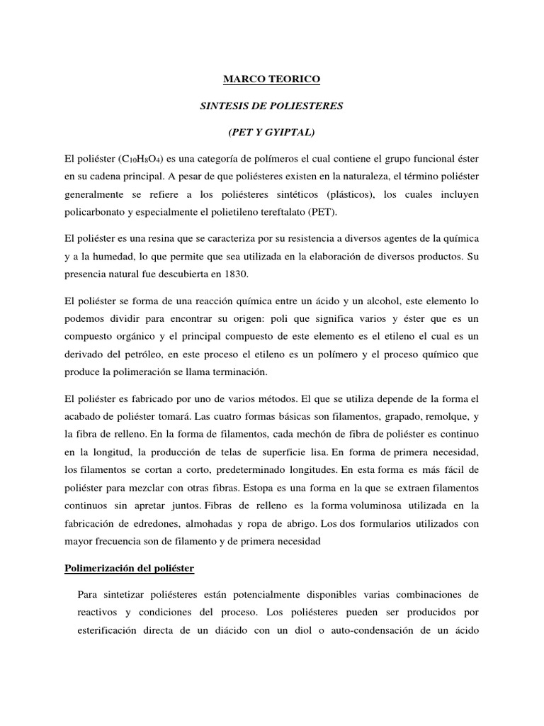 Síntesis y propiedades de poliésteres: Enfoque en PET y Gliptal | PDF ...