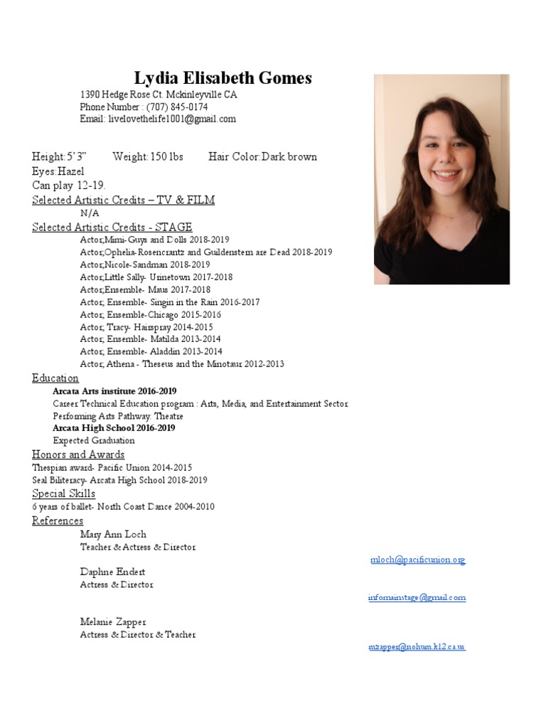 Acting Resume Lydia Gomes | PDF