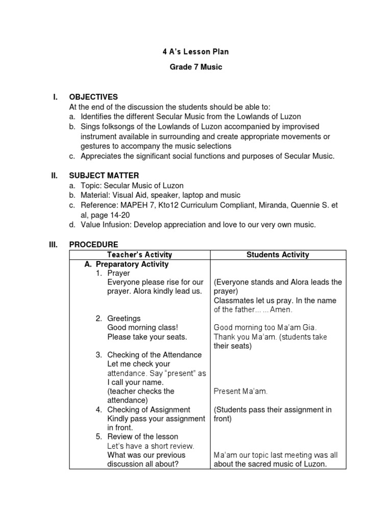 4 A's Lesson Plan Grade 7 Music | PDF | Songs | Singing