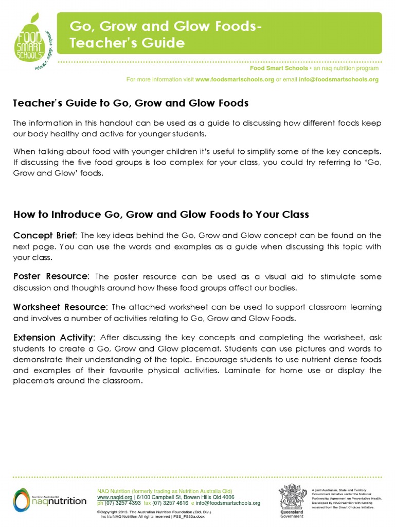 FSS - FS33a Go Grow and Glow Foods Teachers Guide PDF | PDF | Nutrition ...