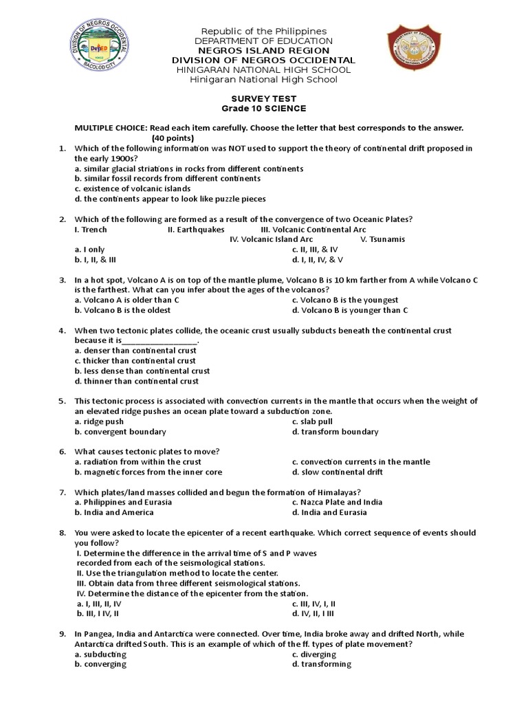 Grade 10 - Earth Science First Quarter Examm | PDF | Plate Tectonics ...