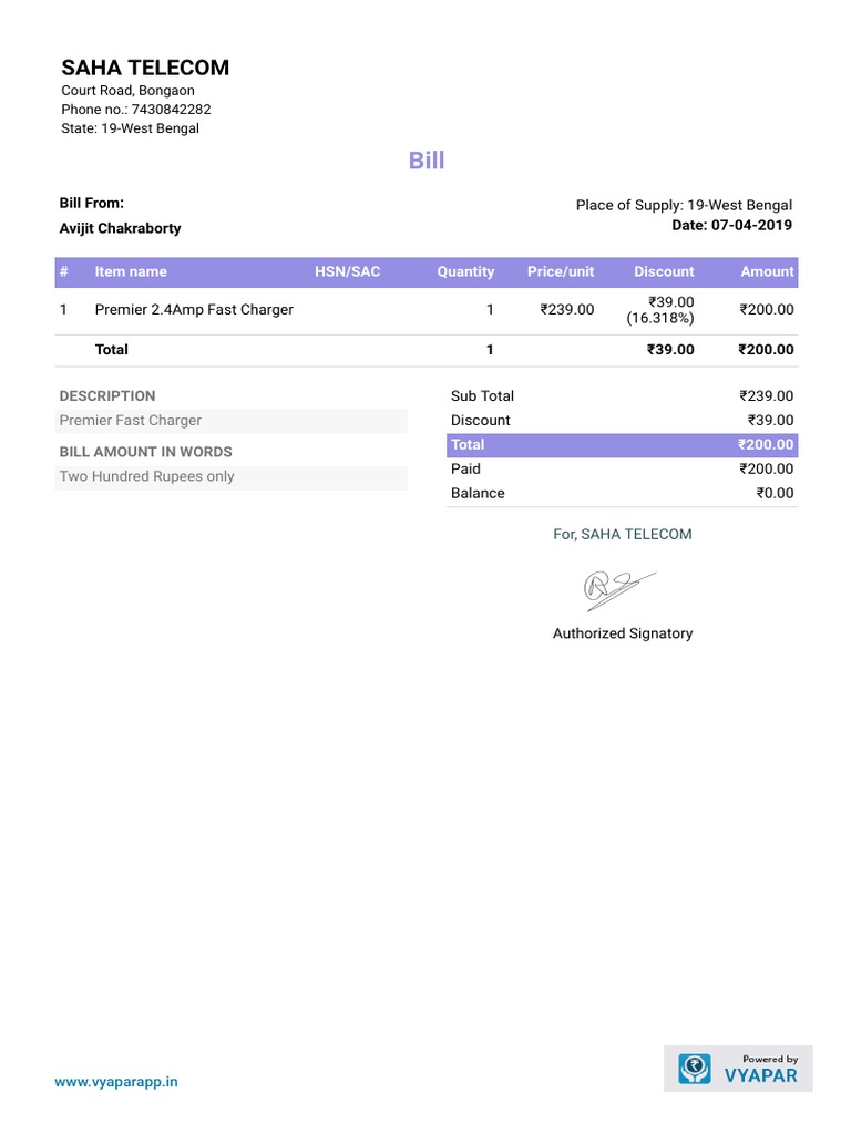 Saha Telecom: Bill From: Avijit Chakraborty Date: 07-04-2019 | PDF