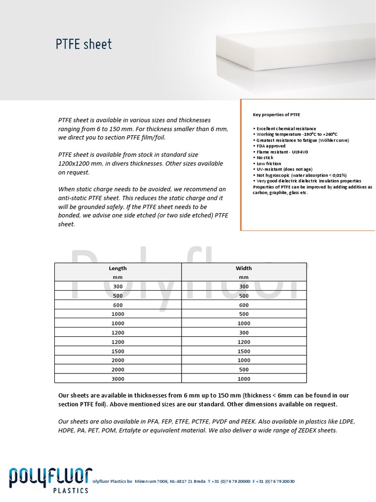 Datasheet PTFE Sheet | PDF | Organic Polymers | Polymers
