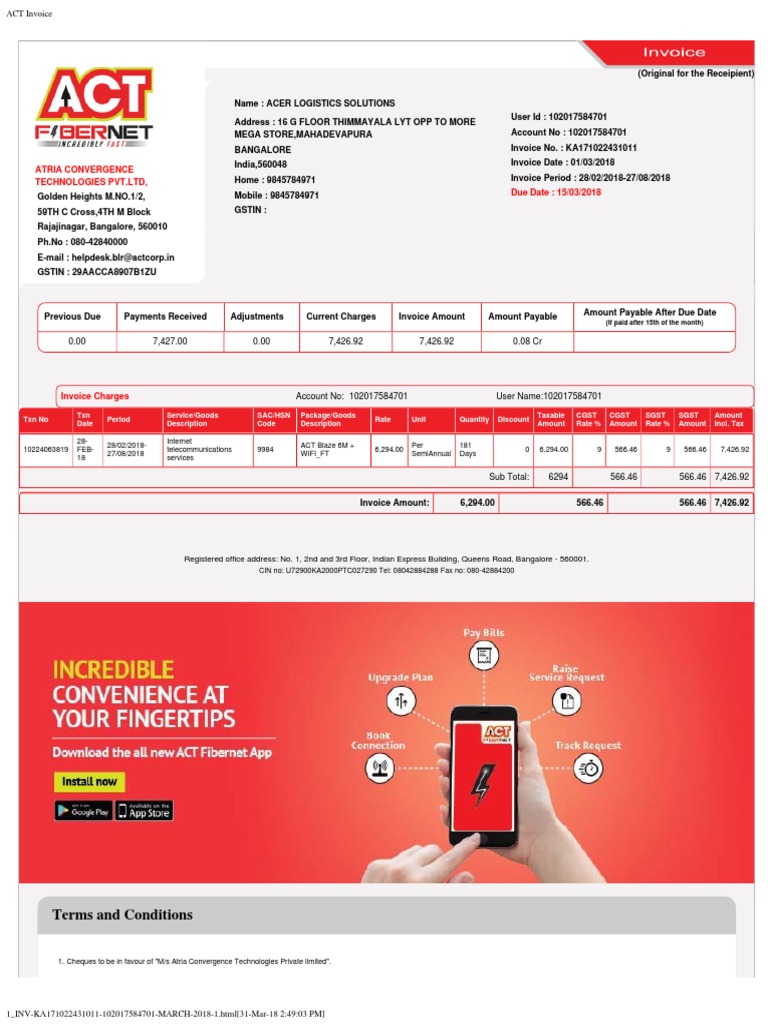 Address Proof ACT Bill PDF | PDF | Invoice | Cheque
