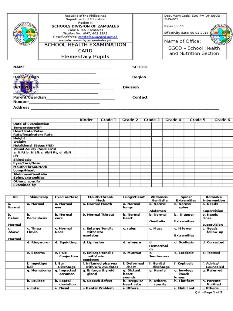 School Health Examination Card Template | PDF | Human Anatomy ...