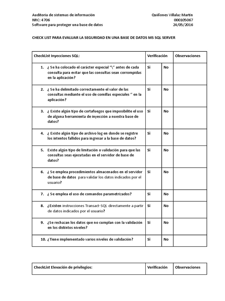 Check List Seguridad Base de Datos | PDF | Autenticación | Usuario ...