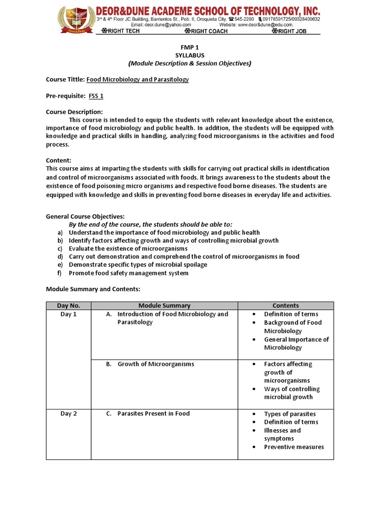 FMP 1 Syllabus | PDF | Microbiology | Foods