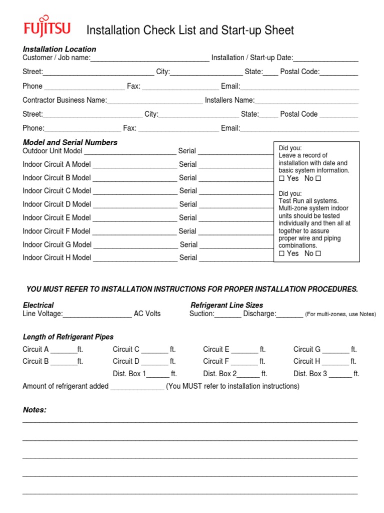 Fujitsu Mini-Split Start-Up Check List PDF | PDF | Physical Quantities ...
