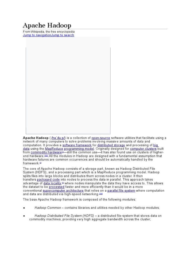 Apache Hadoop: Jump To Navigation Jump To Search | PDF | Apache Hadoop | Parallel Computing