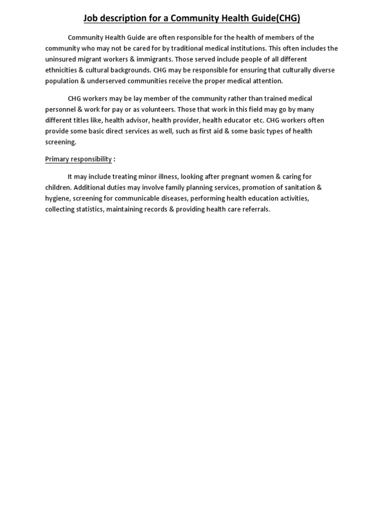 Job Description For A Community Health Guide (CHG) | PDF
