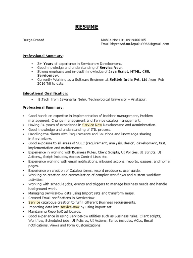 Resume: Professional Summary: 3+ Years of Experience in Servicenow ...