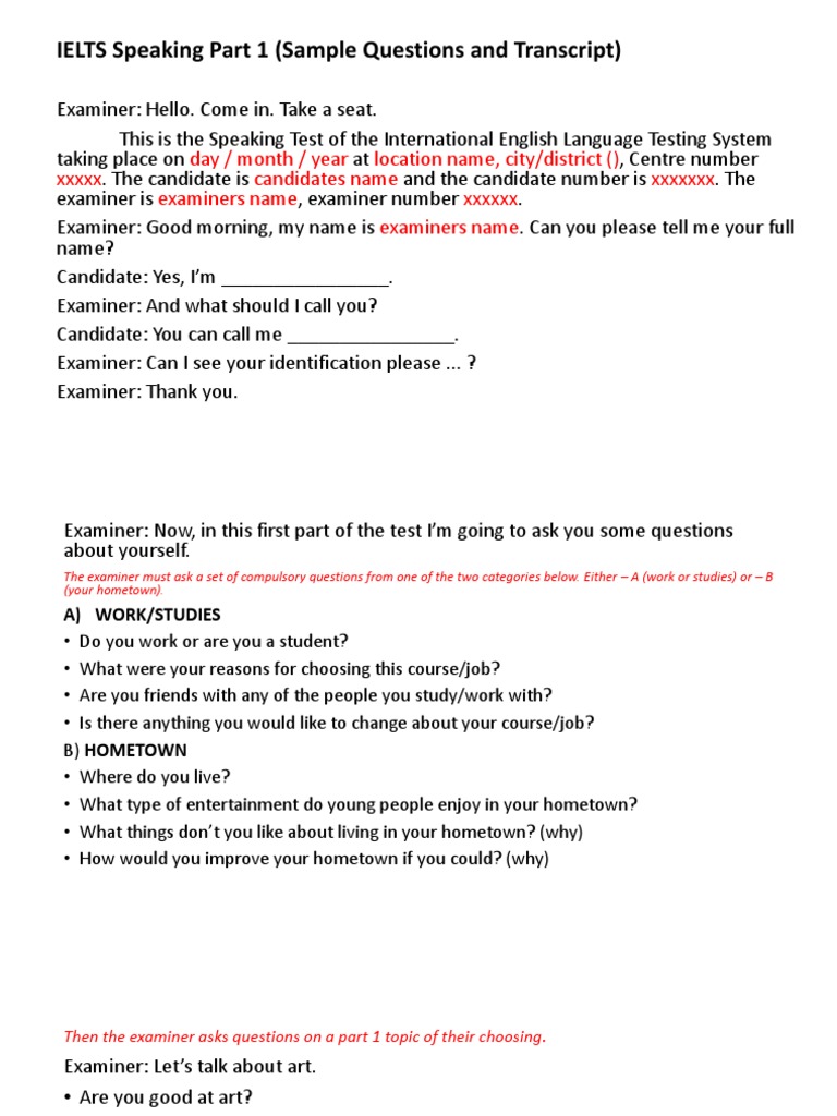 IELTS Speaking Part 1 (Sample Questions and Transcript) | PDF