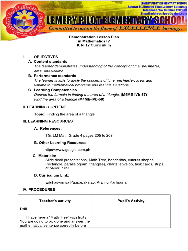 Demonstration Plan in Mathematics IV | PDF | Festival | Area