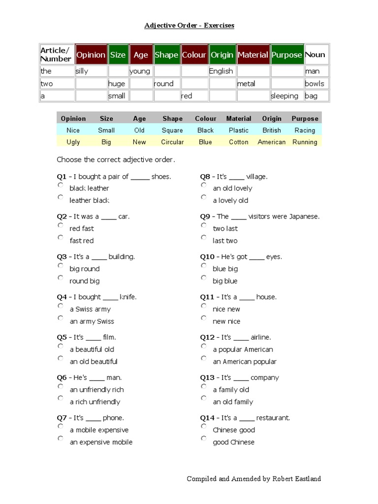 Adjective Order Exercises | PDF | Syntax | Grammar