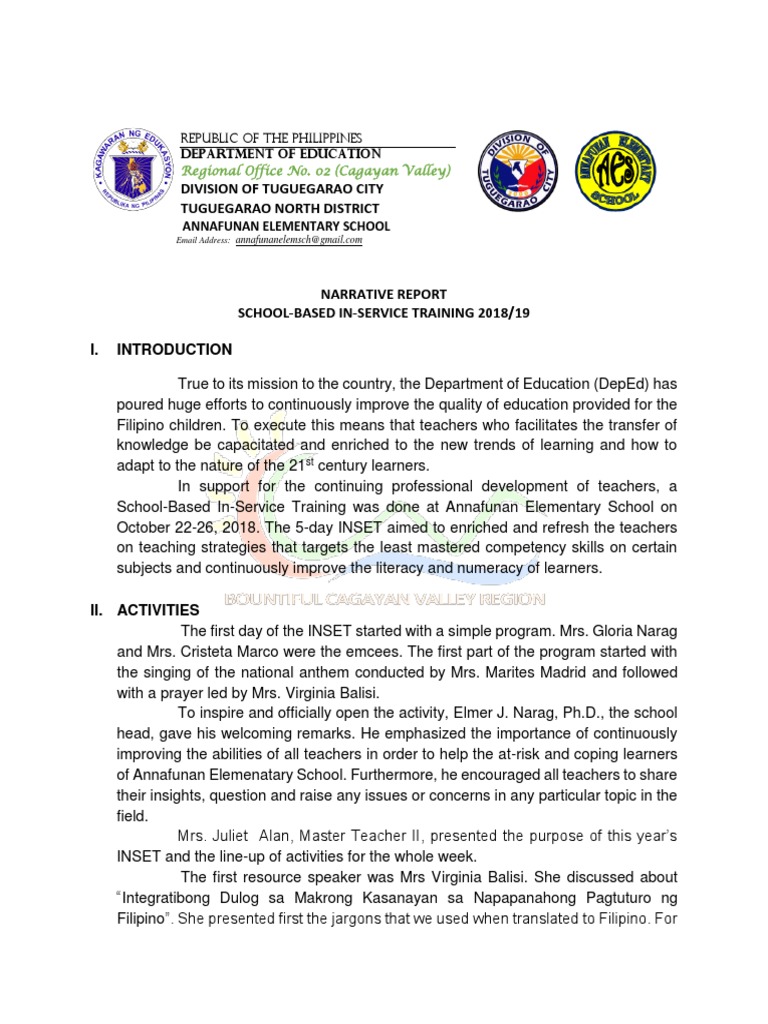 Inset 2018 - 2019 Narrative Report | PDF | Lesson Plan | Teachers