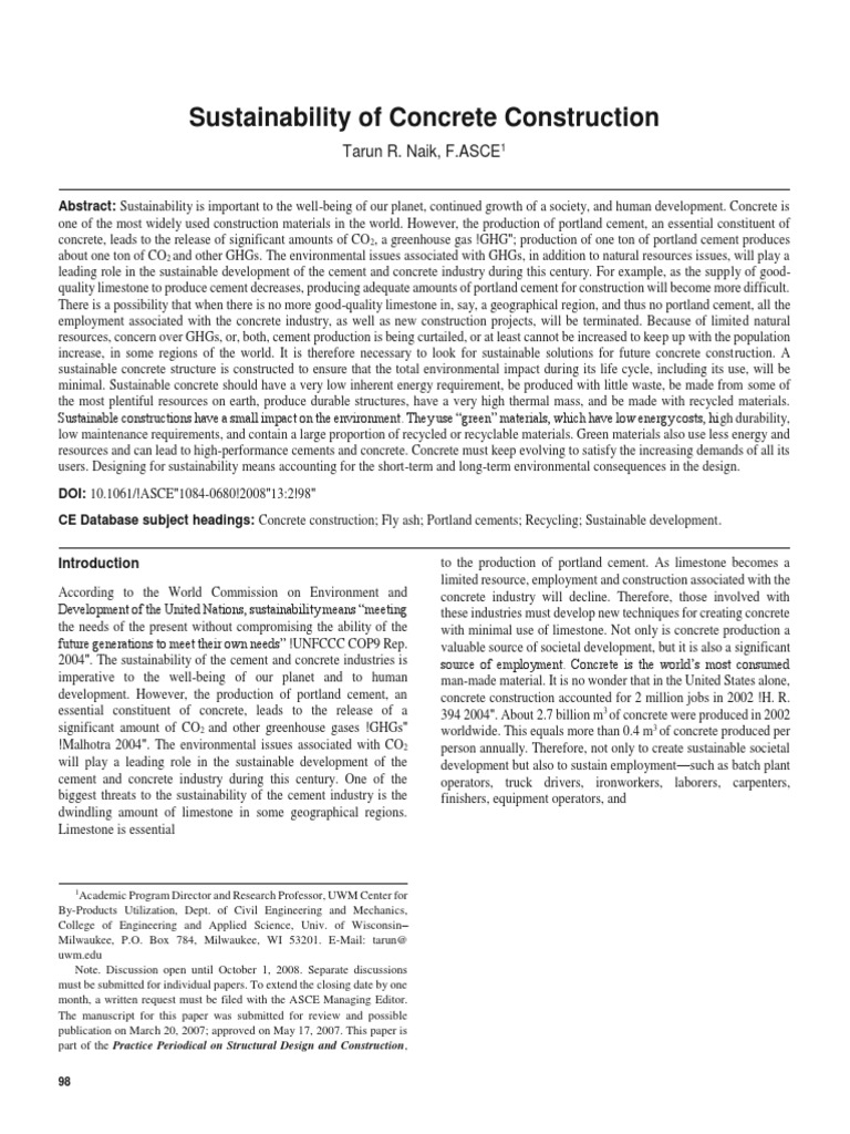 Sustainability of Concrete Construction: Tarun R. Naik, F.ASCE | PDF ...