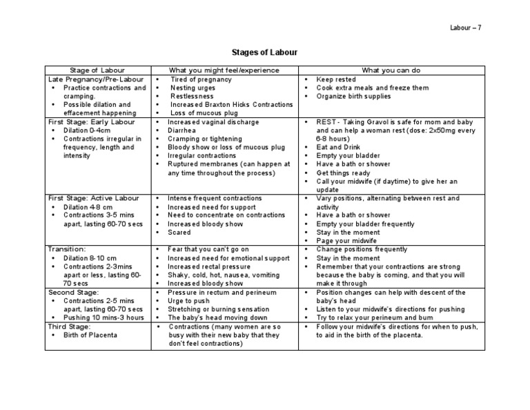 Stages of Labour Chart | PDF | Childbirth | Motherhood
