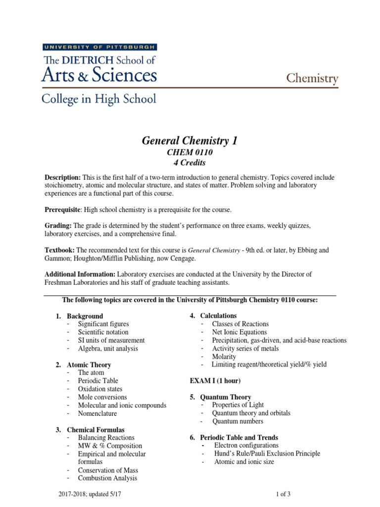 General Chemistry 1: CHEM 0110 4 Credits | PDF | Gases | Chemical Reactions