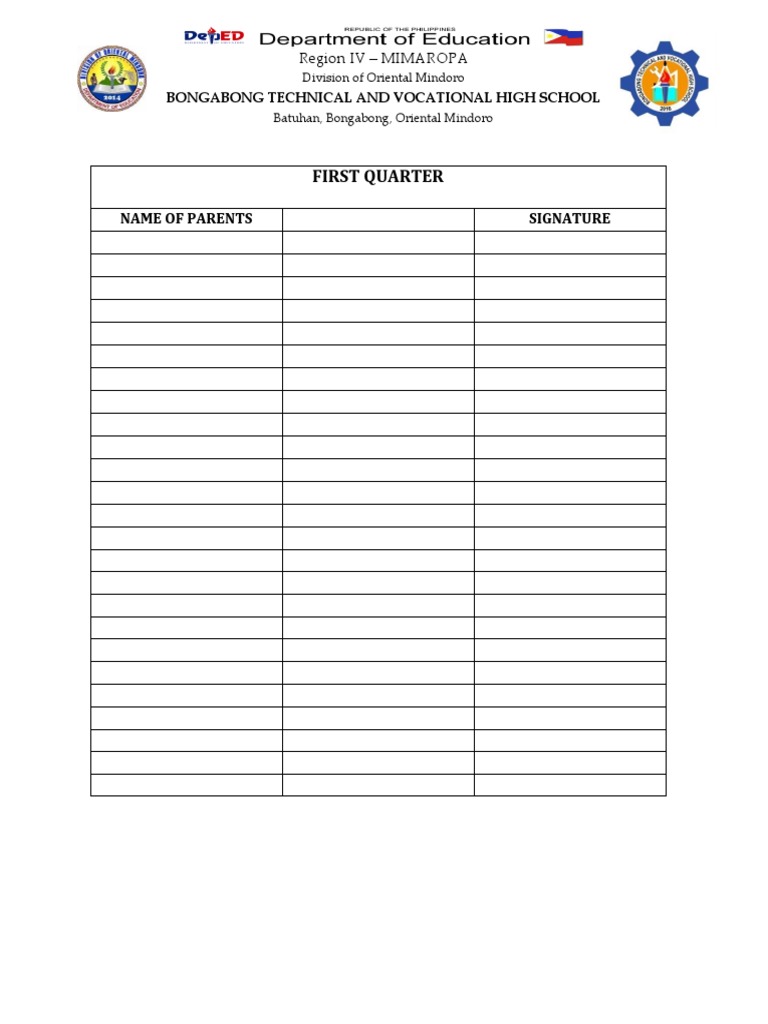 First Quarter: Name of Parents Signature | PDF