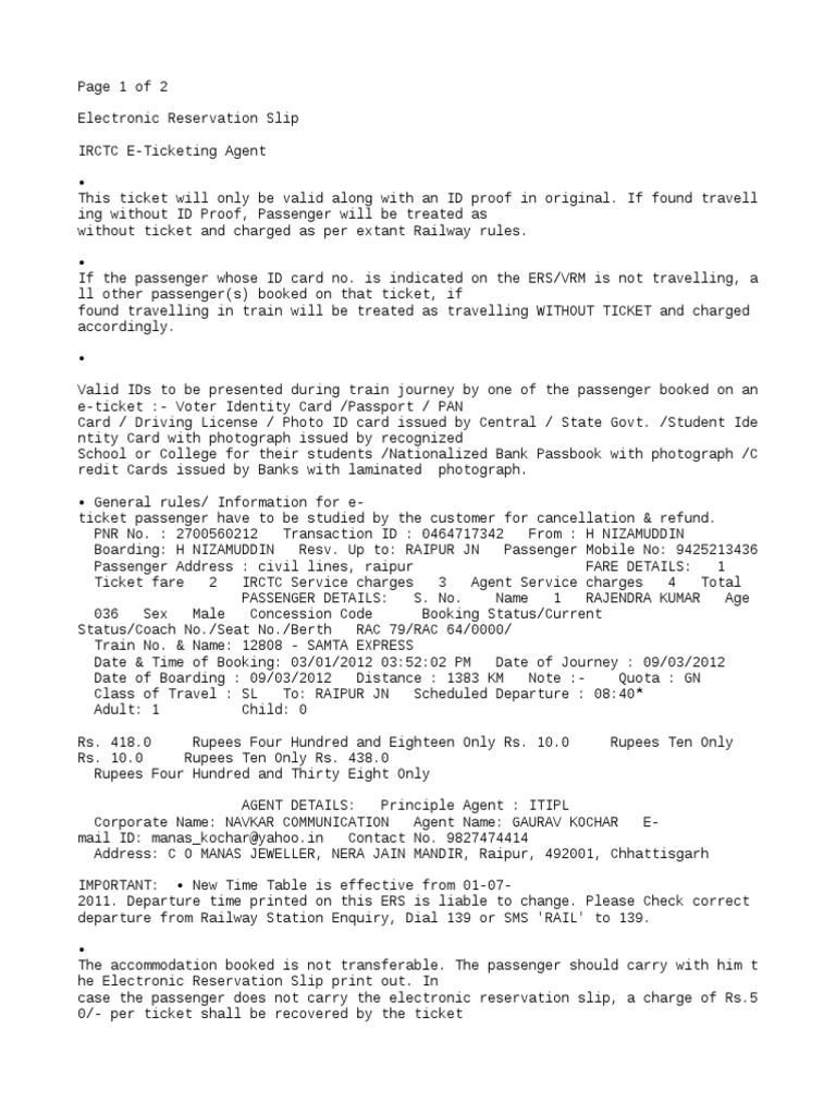 IRCTC Sample Train Ticket | PDF | Identity Document | Ticket (Admission)