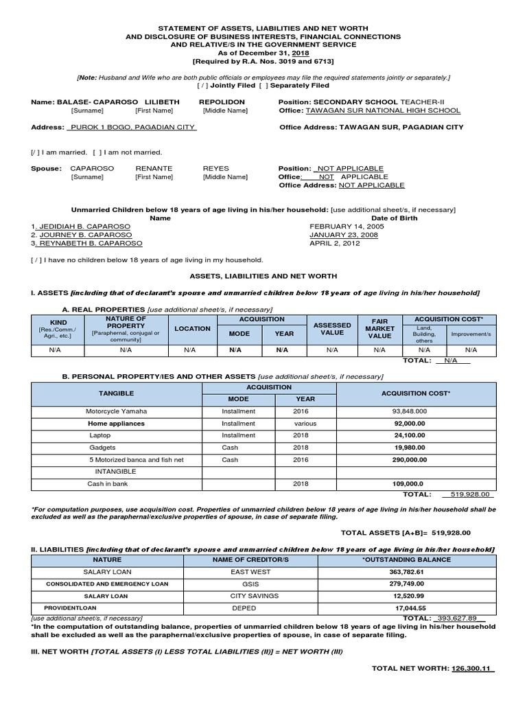 Revised SALN Blank Form | PDF | Expense | Business