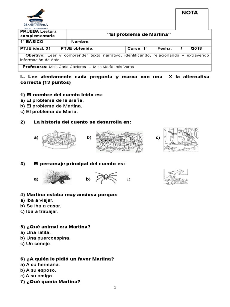 Prueba Lectura Complementaria El Problema de Martina Primero Básico | PDF