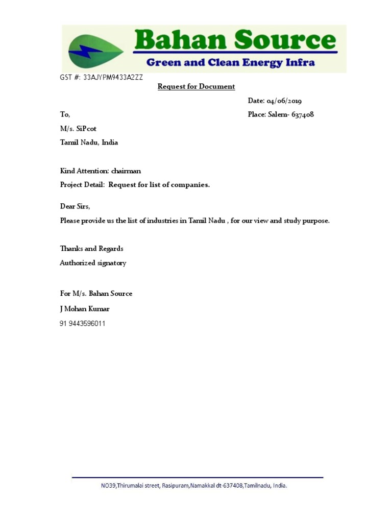 Letter For Tamil Nadu Industry List