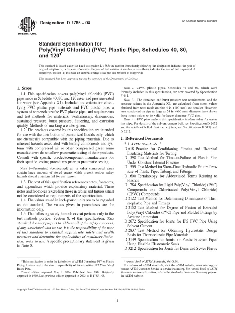 Poly (Vinyl Chloride) (PVC) Plastic Pipe, Schedules 40, 80, and 120 ...