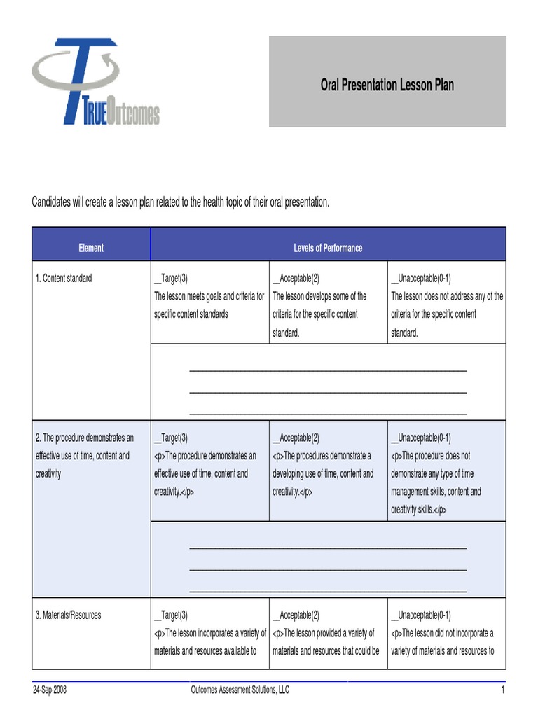 Oral Presentation Lesson Plan: Element Levels of Performance | PDF ...