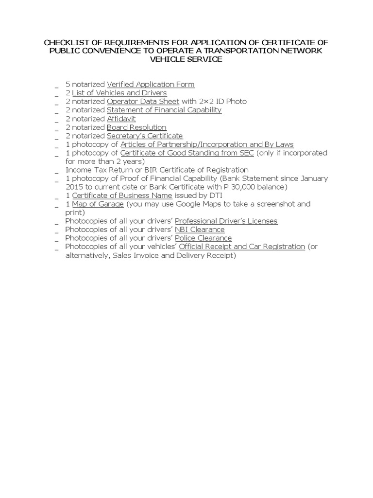Checklist of Requirements For Application of CPC To Operate A Tnvs | PDF