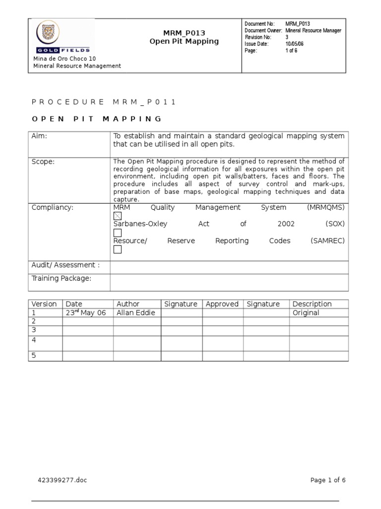 MRM - P013 Open Pit Mapping v1 | PDF | Geology | Surveying