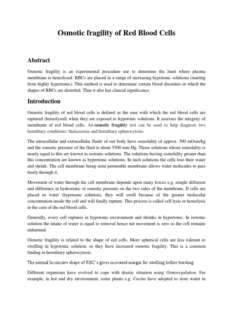 Osmotic Fragility of Red Blood Cells | PDF | Osmosis | Cell Biology