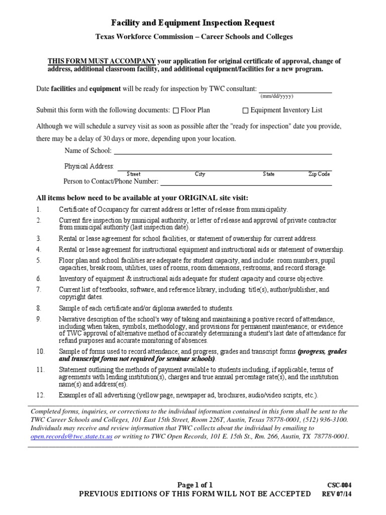 CSC 004 Facility and Equipment Inspection Request TWC | PDF ...