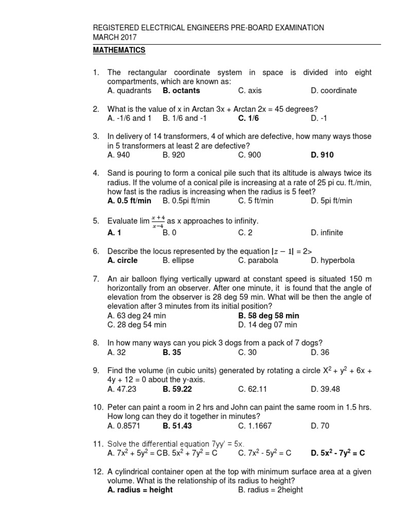 Preboard Math | PDF | Area | Sphere