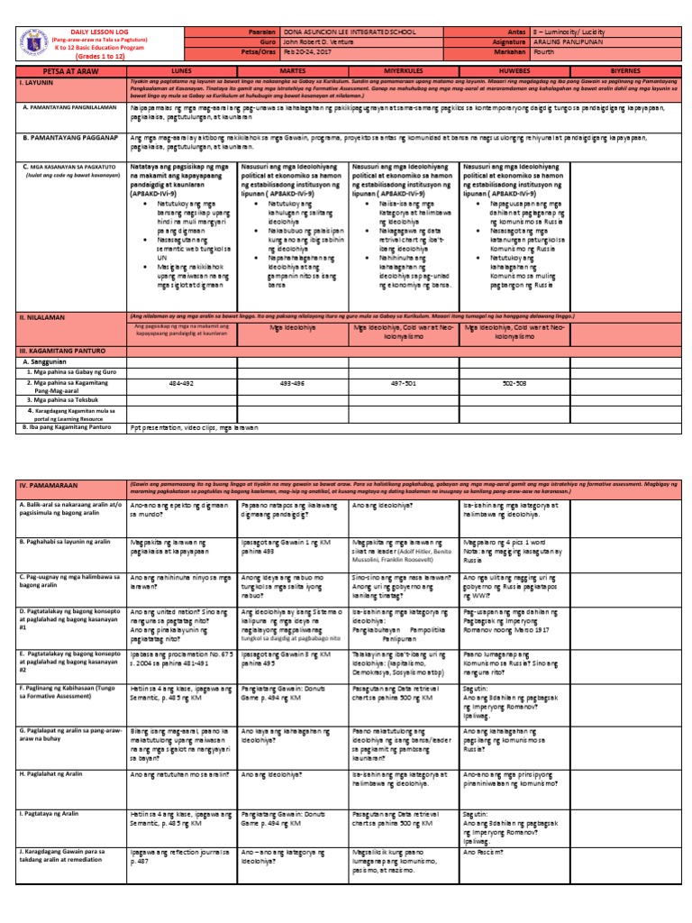 DAILY LESSON LOG Pang-Araw-Araw Na Tala | PDF