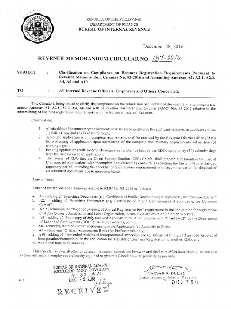 Revenue Memorandum Circular No. 137-2016 | PDF