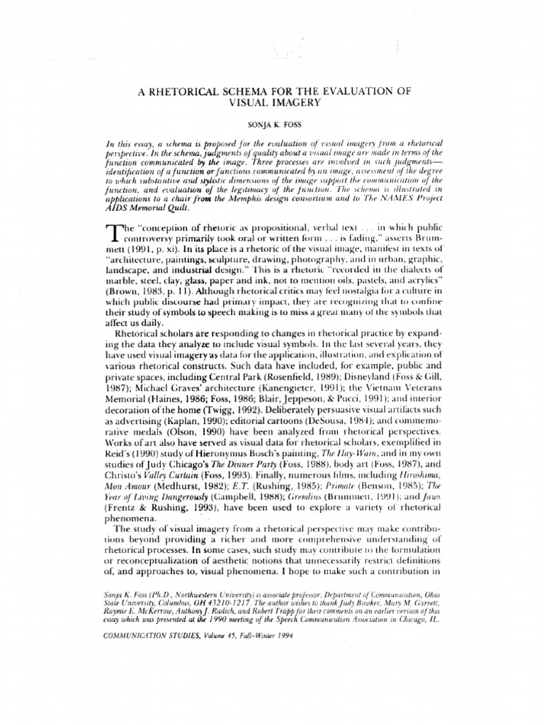 Sonja Foss - A Rhetorical Schema For The Evaluation of Visual Imagery | PDF