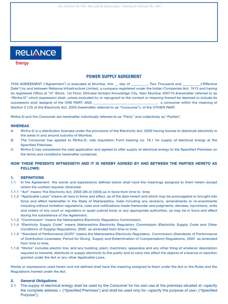 Power Supply Agreement: Whereas | PDF | License | Electricity