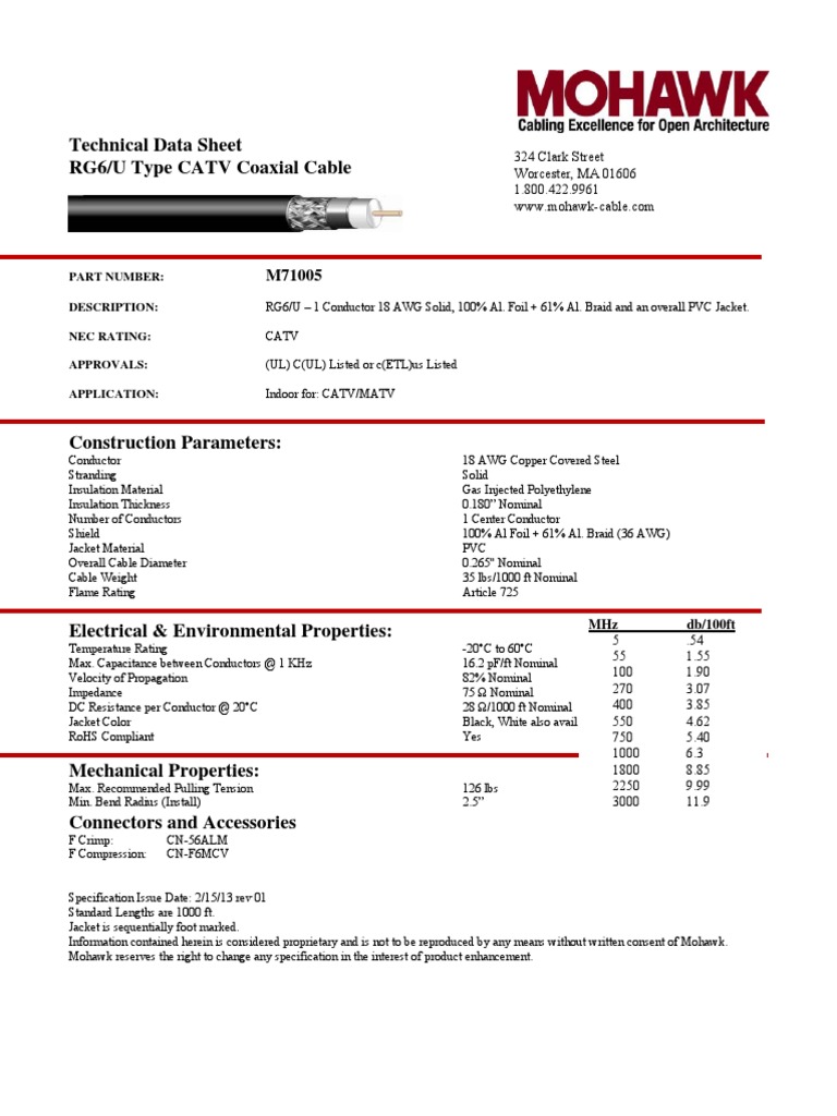Technical Data Sheet RG6/U Type CATV Coaxial Cable: Part Number ...