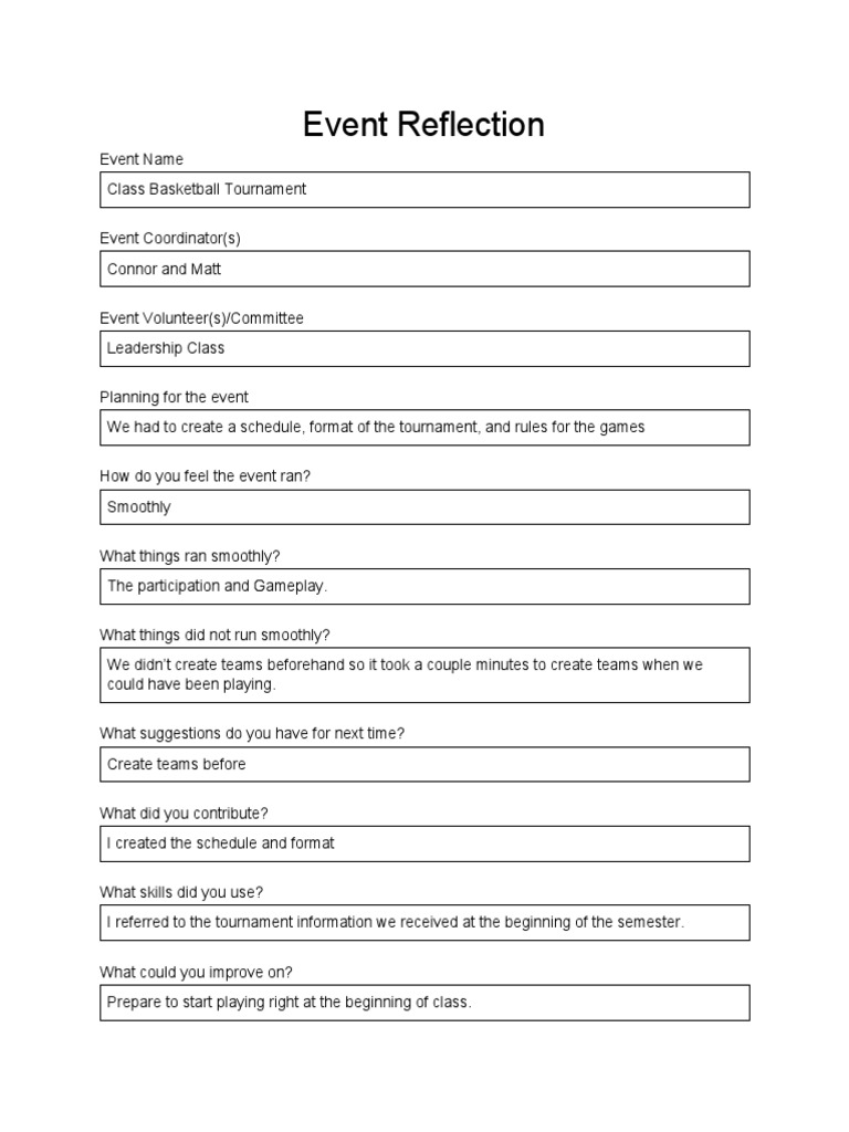 Class Basketball Tournament Event Reflection - Template | PDF