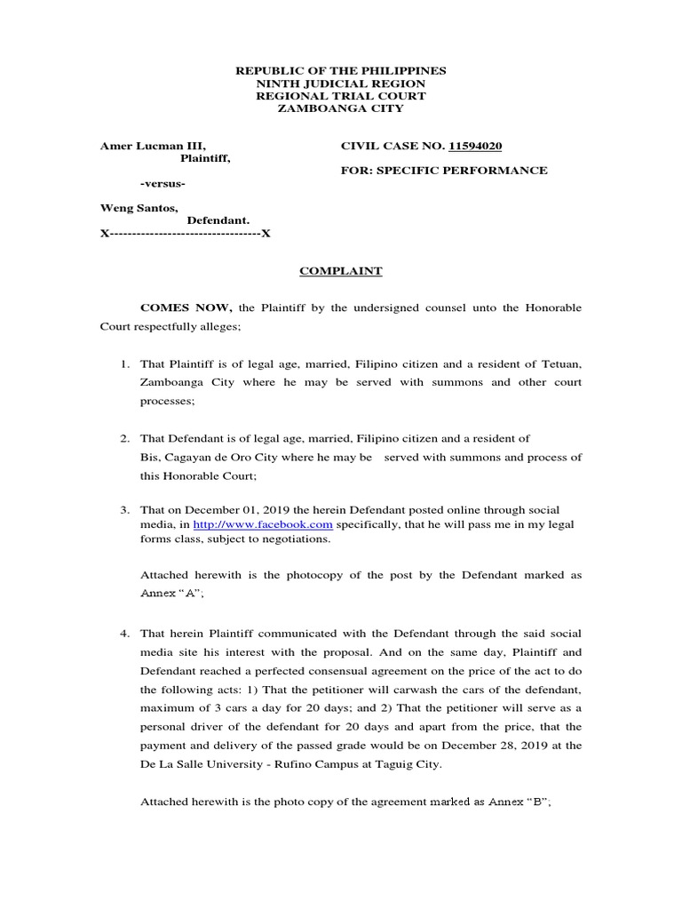 Complaint For Specific Performance | PDF | Public Law | Judiciaries