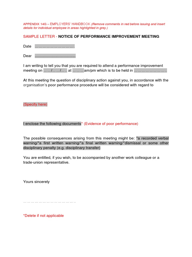 14G Sample Letter of Notice of Performance Improvement Meeting | PDF