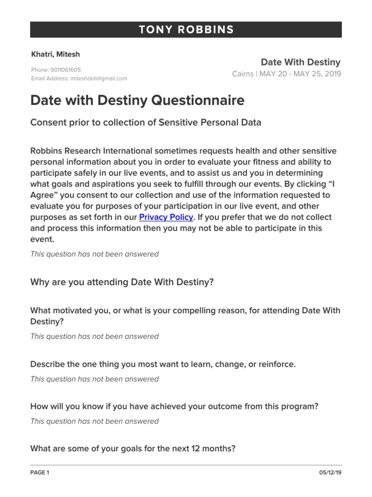Date With Destiny Cairns 2019 Questionnaire | PDF | Question ...