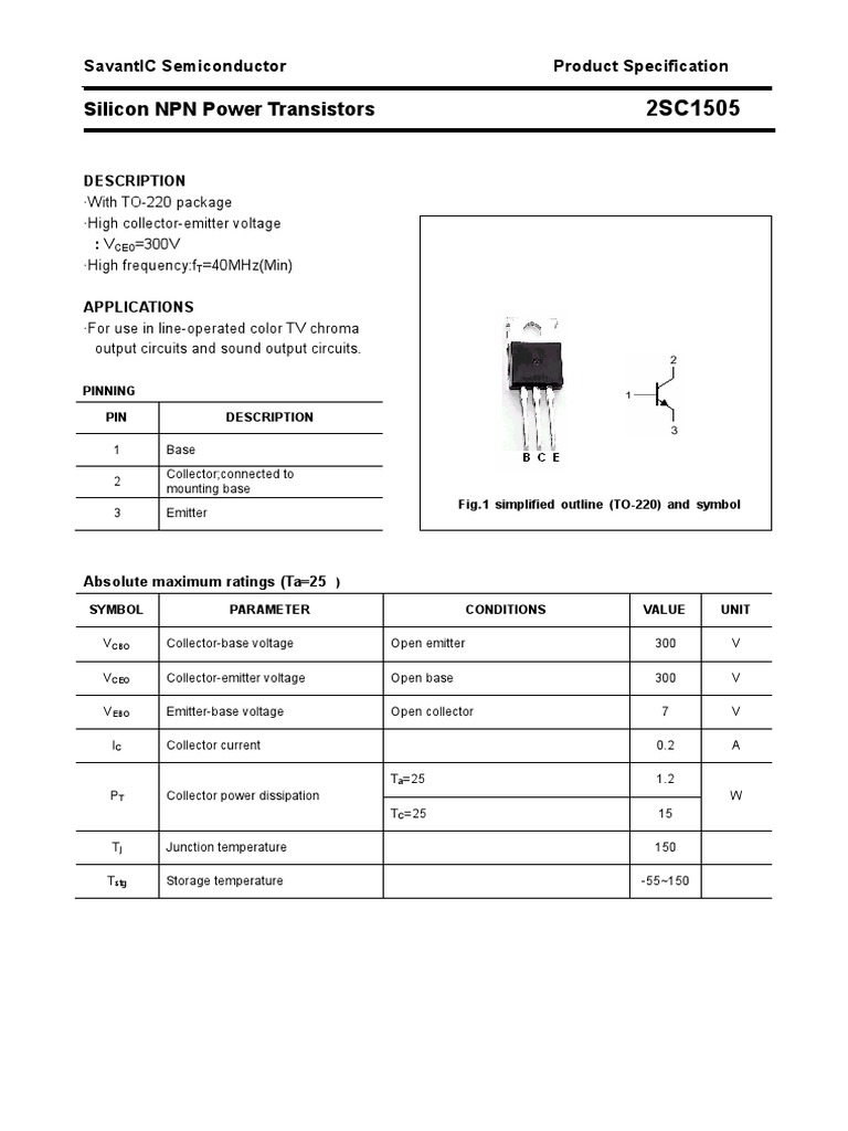 2SC1505 NPN Power Transistor Specs | PDF | Bipolar Junction Transistor ...