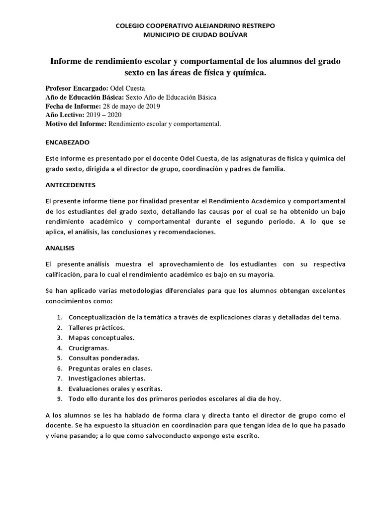 Informe de Rendimiento Escolar General SEXTO | Educación primaria ...
