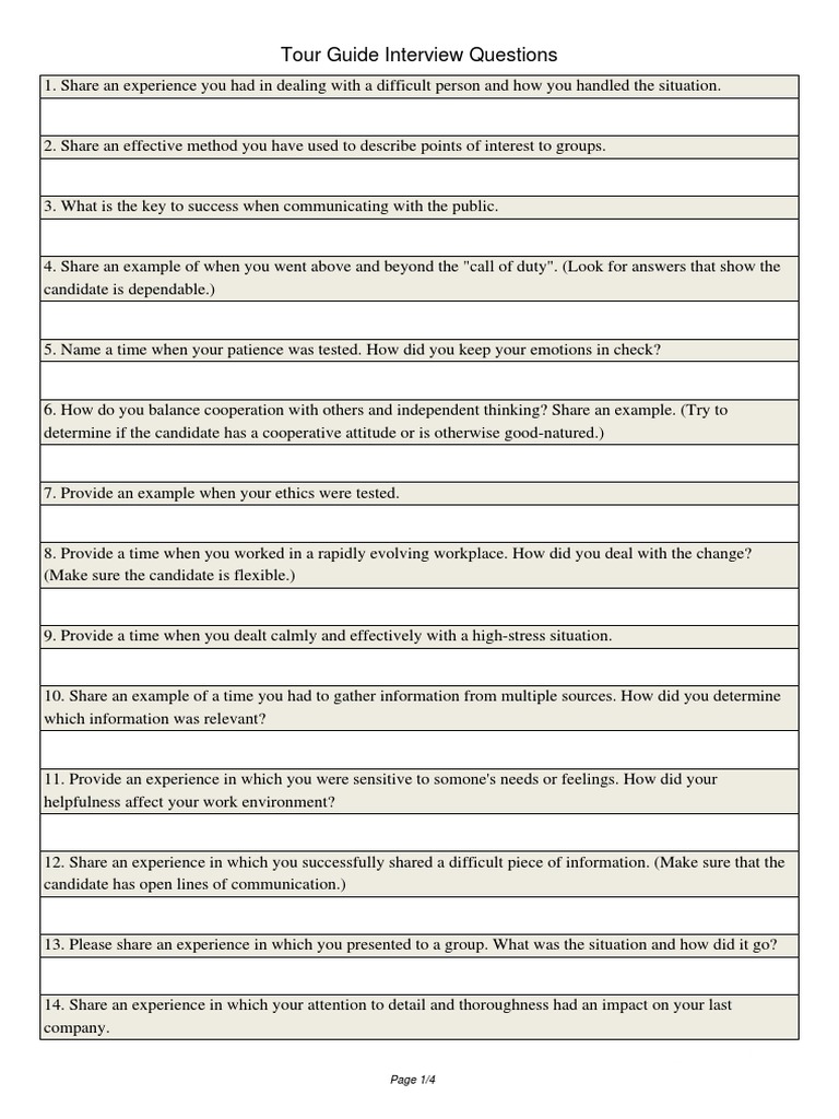 Job Interview Questions For A Tour Guide | PDF | Job Interview | Behavioural Sciences