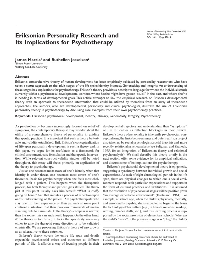 Eriksonian Personality Research AndIts Implications For Psychotherapy ...