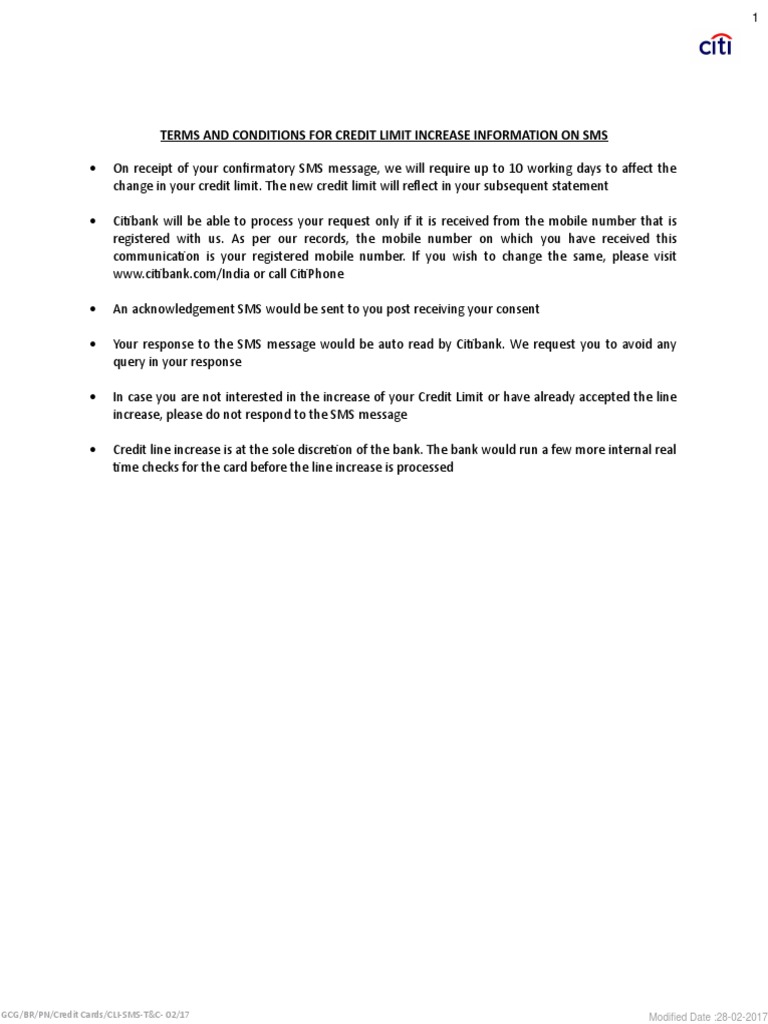 Credit Limit Increase SMS Terms | PDF