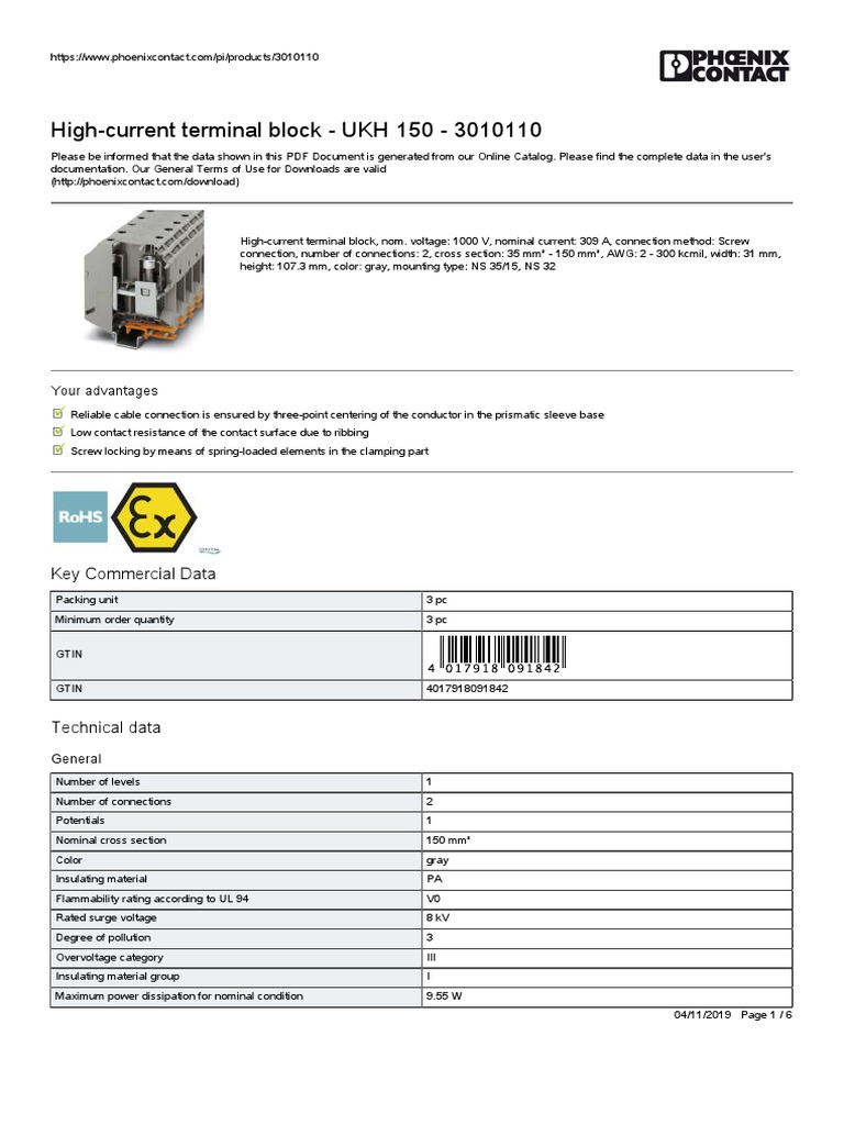 High-Current Terminal Block - UKH 150 - 3010110: Key Commercial Data ...