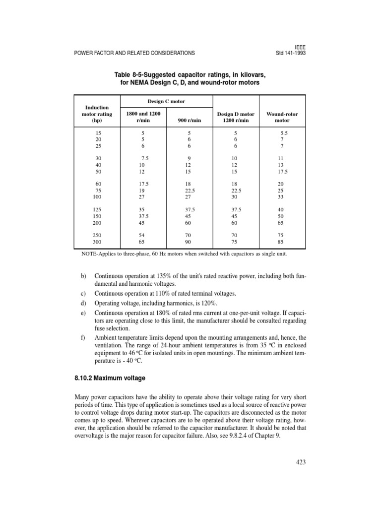 Table 8-5-Suggested Capacitor Ratings, in Kilovars, For NEMA Design C ...